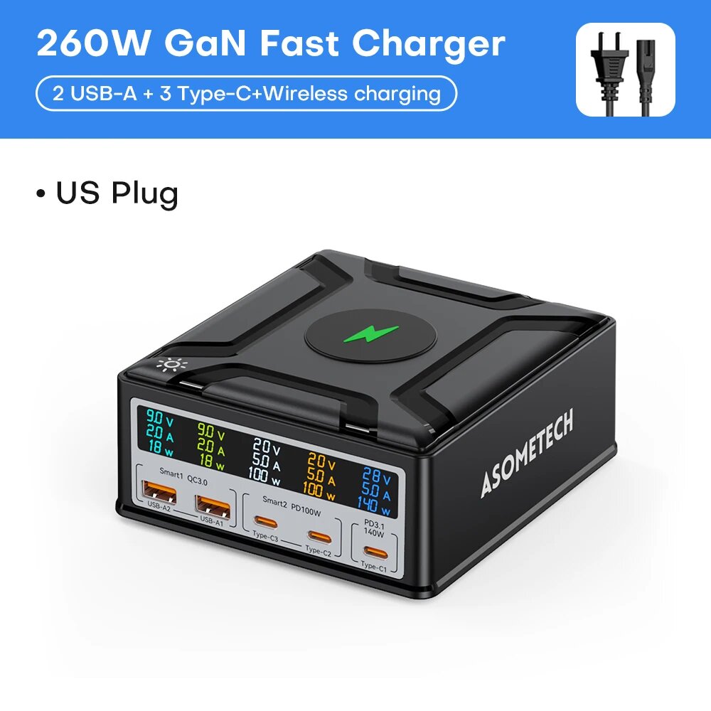 260W Gan USB C Зарядное устройство PD3.1 140W USB C Быстрое зарядное устройство для планшета US Plug