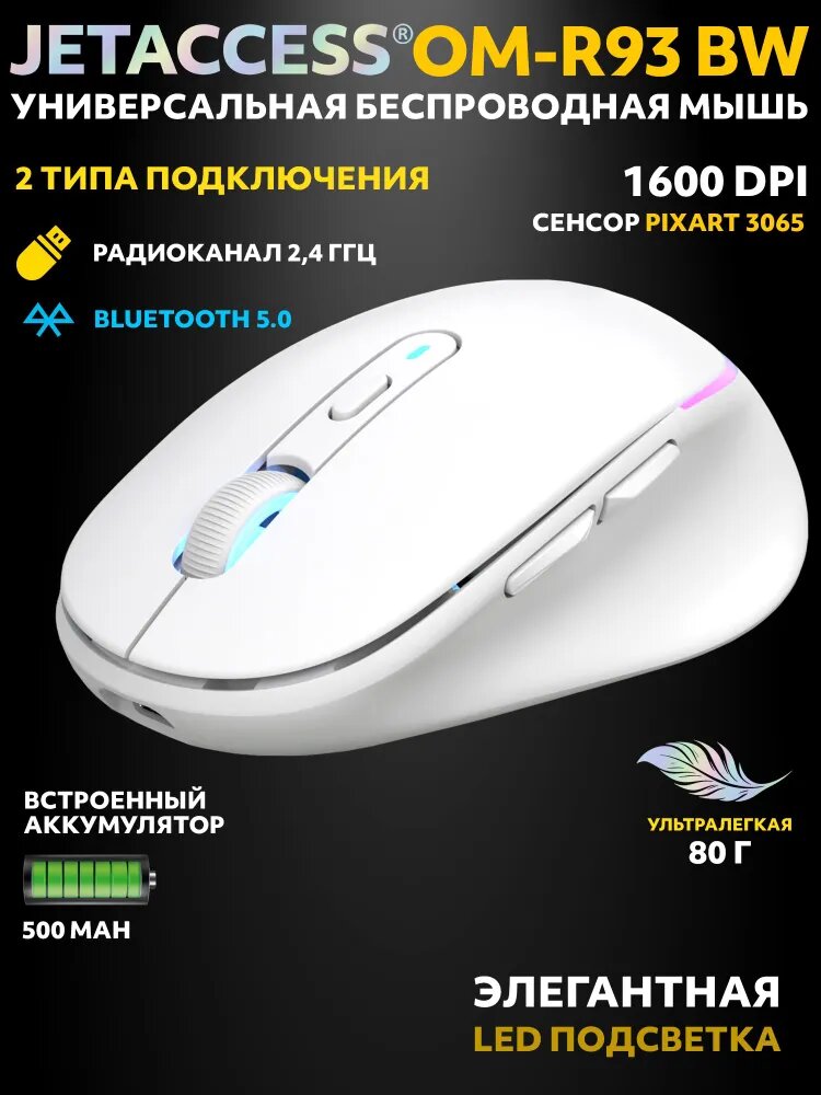 Мышь JETACCESS PANTEON OM-R93 BW White , беспроводная, USB, Bluetooth