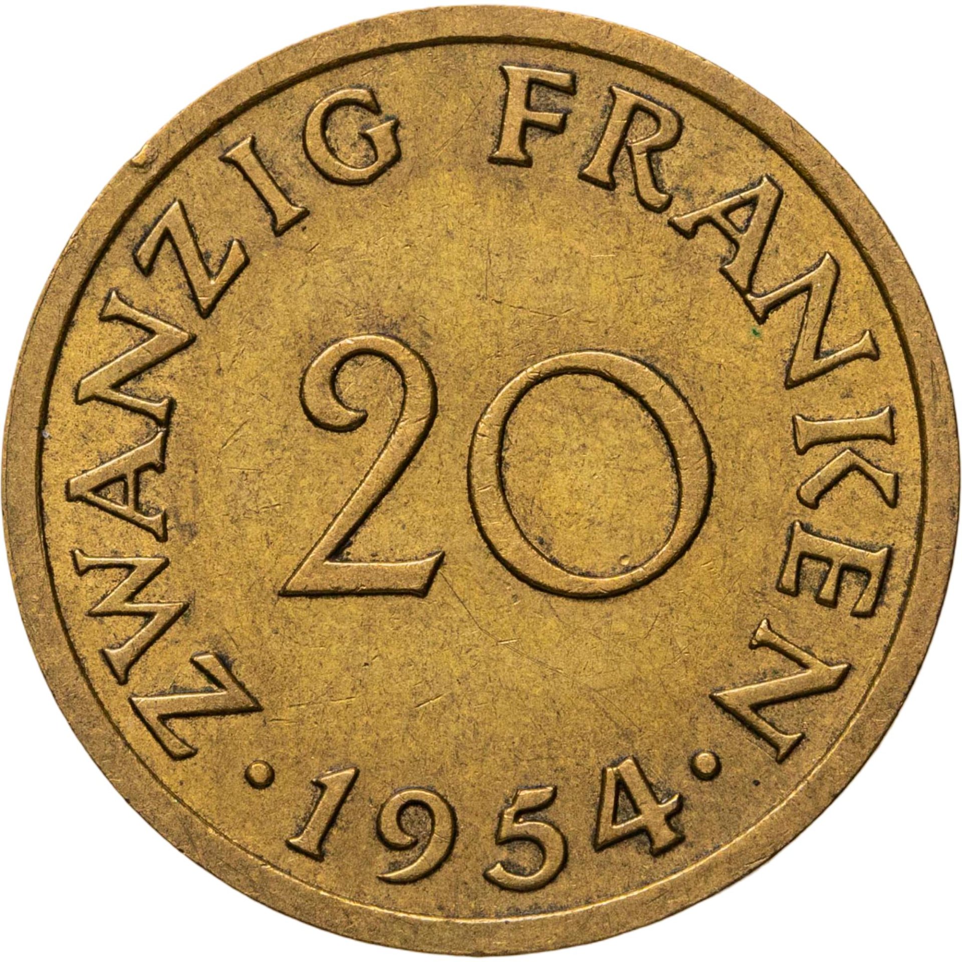 Саар 20 франков francs 1954, Бронза, в сохранности XF