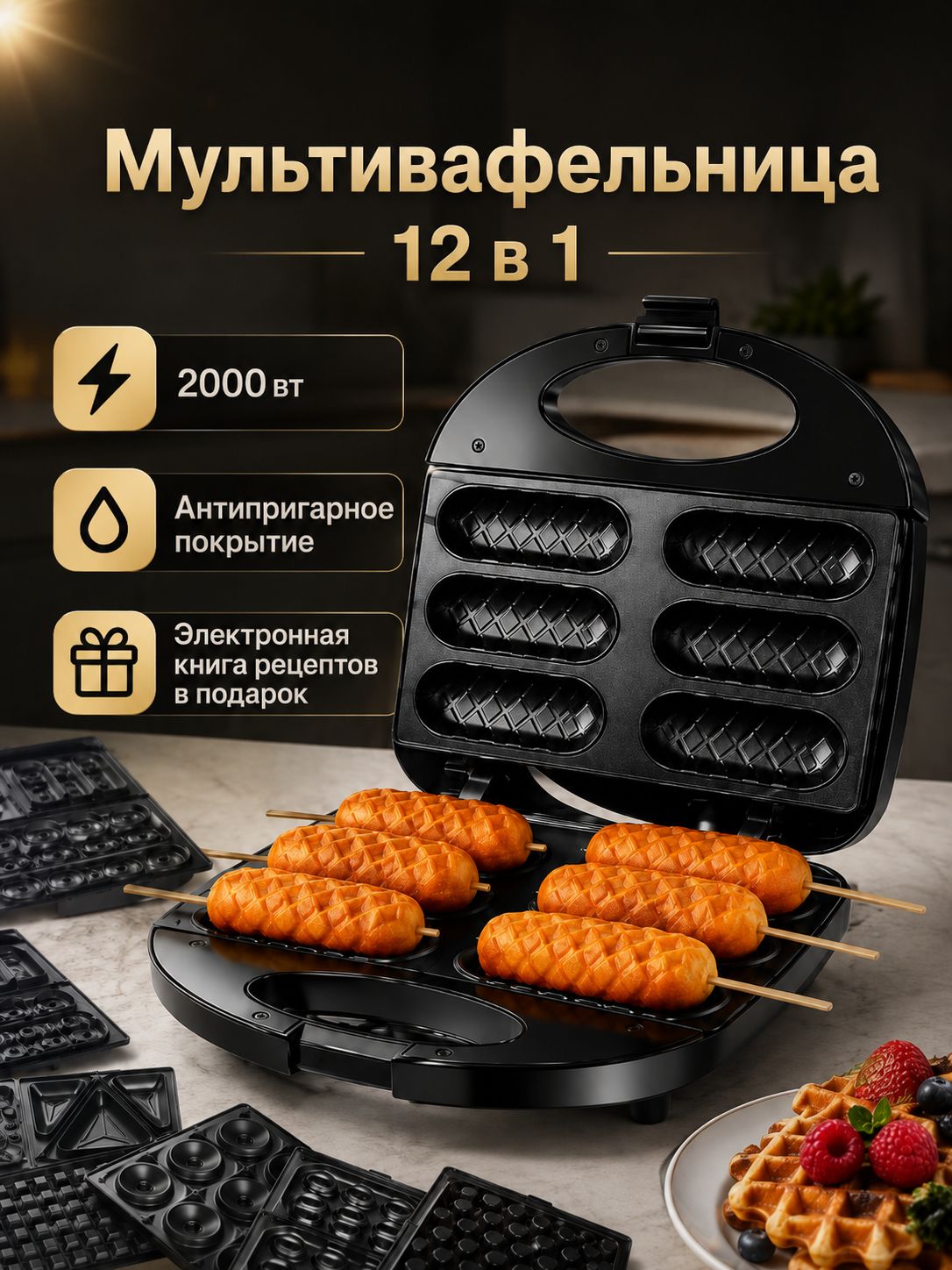 Мультивафельница со сменными панелями 12 в 1, в том числе форма для сосисок