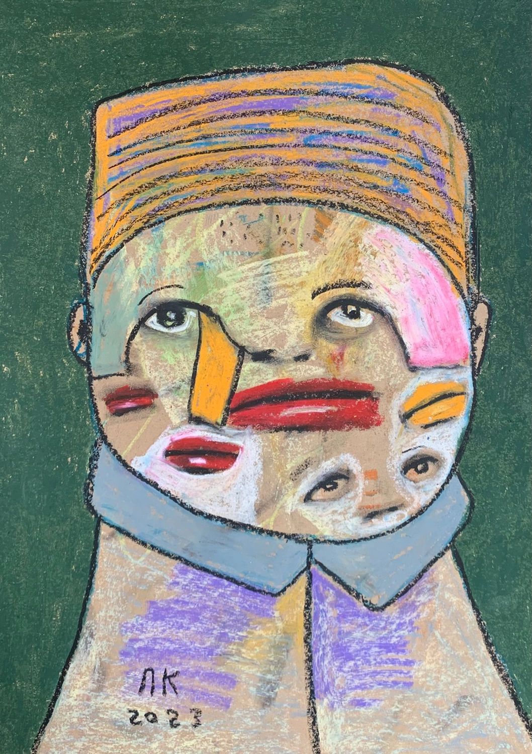 Авторский коллаж и рисунок масляной пастелью на бумаге Прокрастинация. День 23 / Procrastination. Day 23. (2023). Единственный экземпляр. Художник Павел Курагин. 42х29,7 см