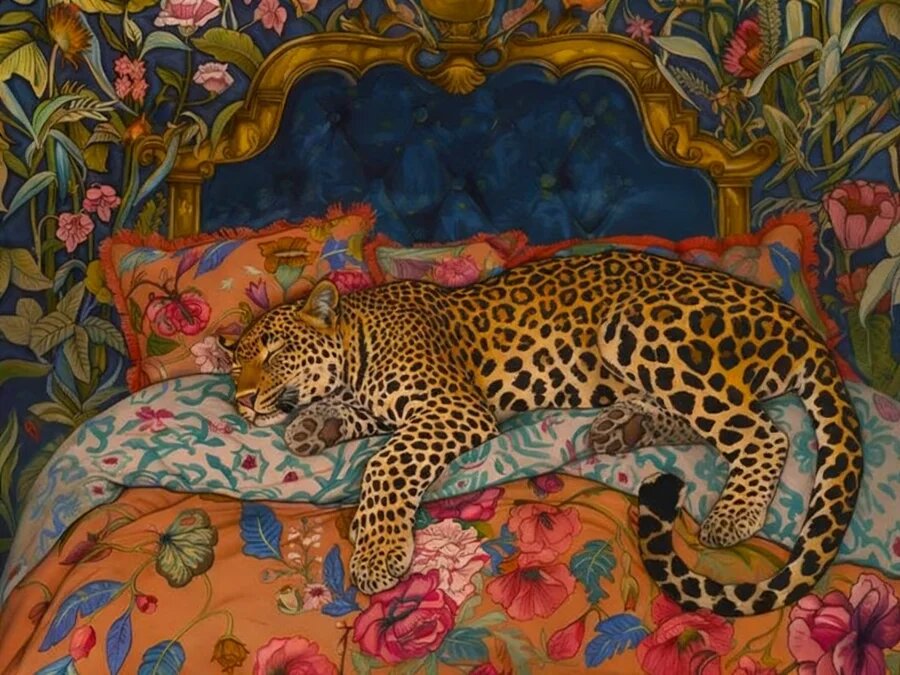 Леопард на кровати, живопись на холсте 20x30 см, цвет 33