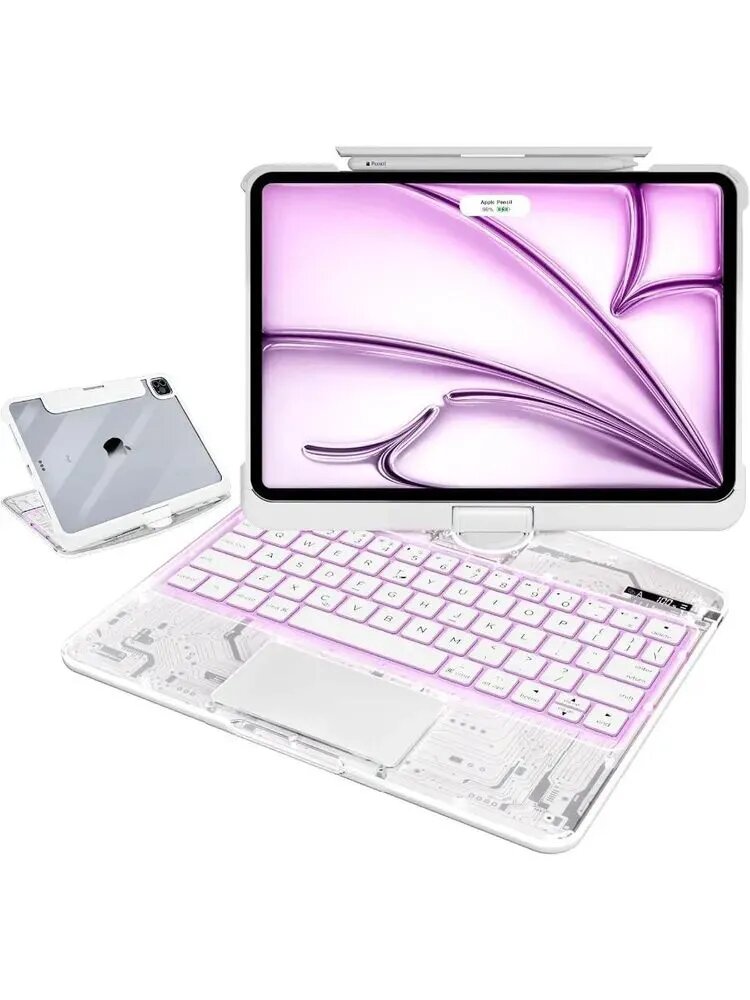 Прозрачный вращающийся чехол для iPad Air (M3/M2,2025/24) 11 дюймов, Air 5-го/4-го поколения 10,9 дюймов и iPad Pro 4/3/2/1 11 дюймов, 7-цветная подсветка, Bluetooth-клавиатура с русской раскладкой