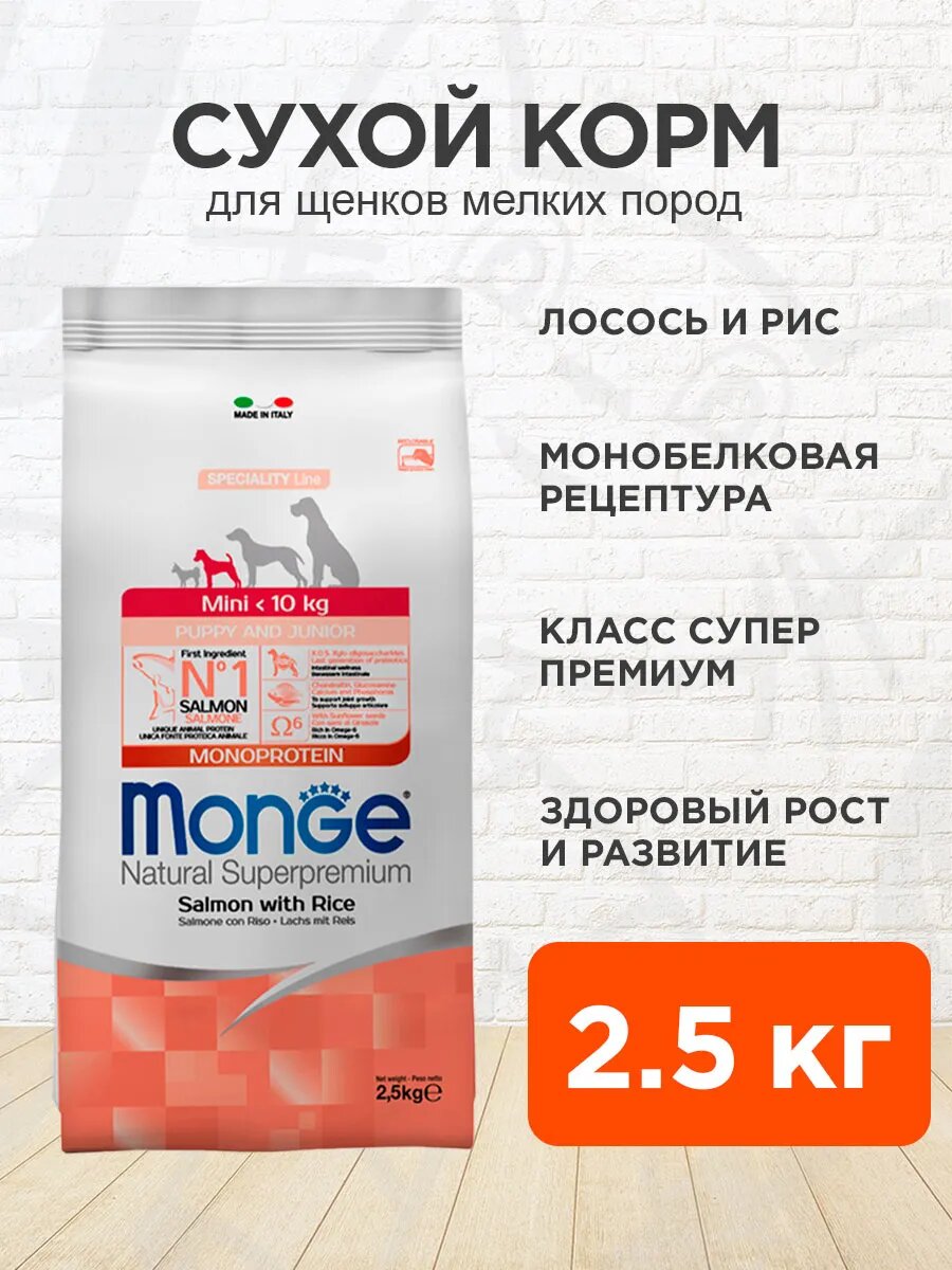 Корм сухой Monge Speciality Monoprotein Mini Puppy & Junior Salmon монобелковый для мелких щенков, лосось, рис, 2,5 кг