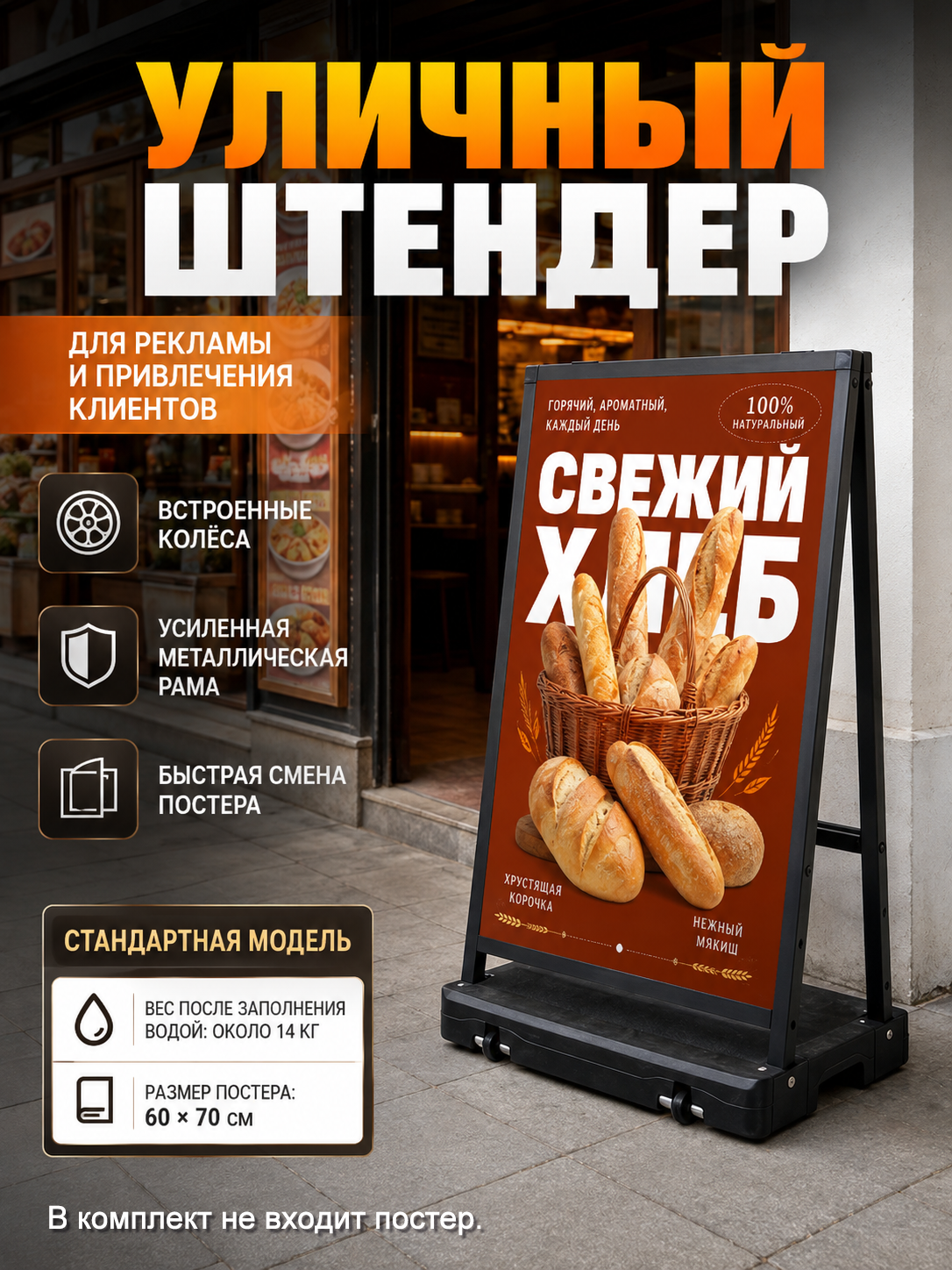 Уличный стендер, передвижная подставка‑рамка с заполняемым основанием, прочная металлическая конструкция для внешней торговой рекламы