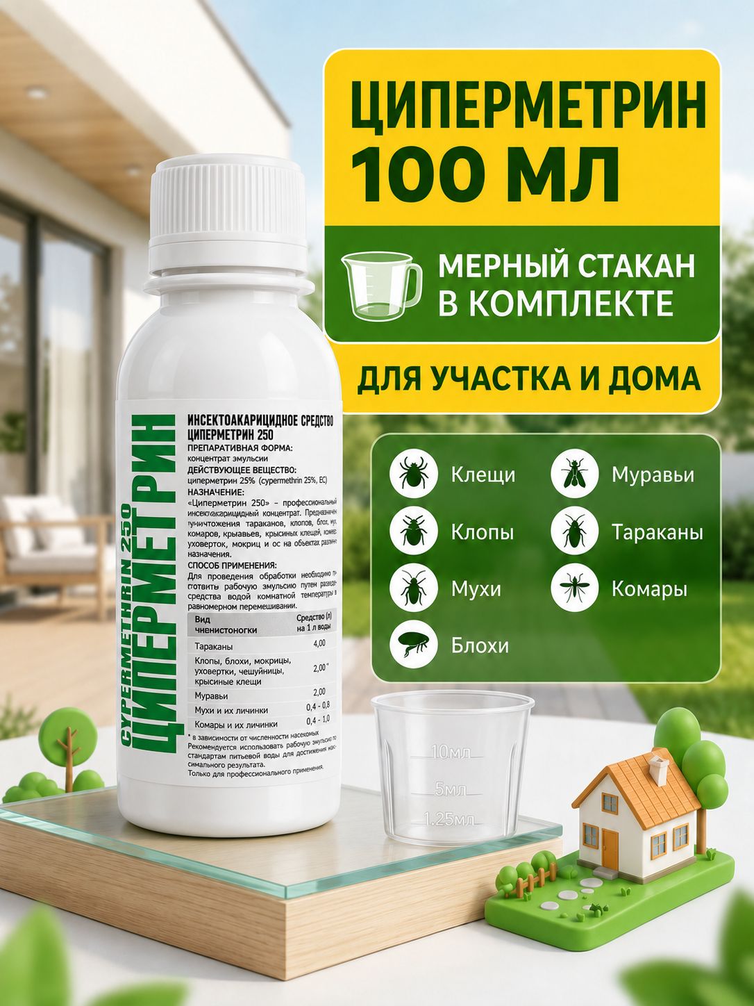 Циперметрин 250, средство от насекомых от клещей, тараканов, муравьев, клопов, комаров, мух 100 мл
