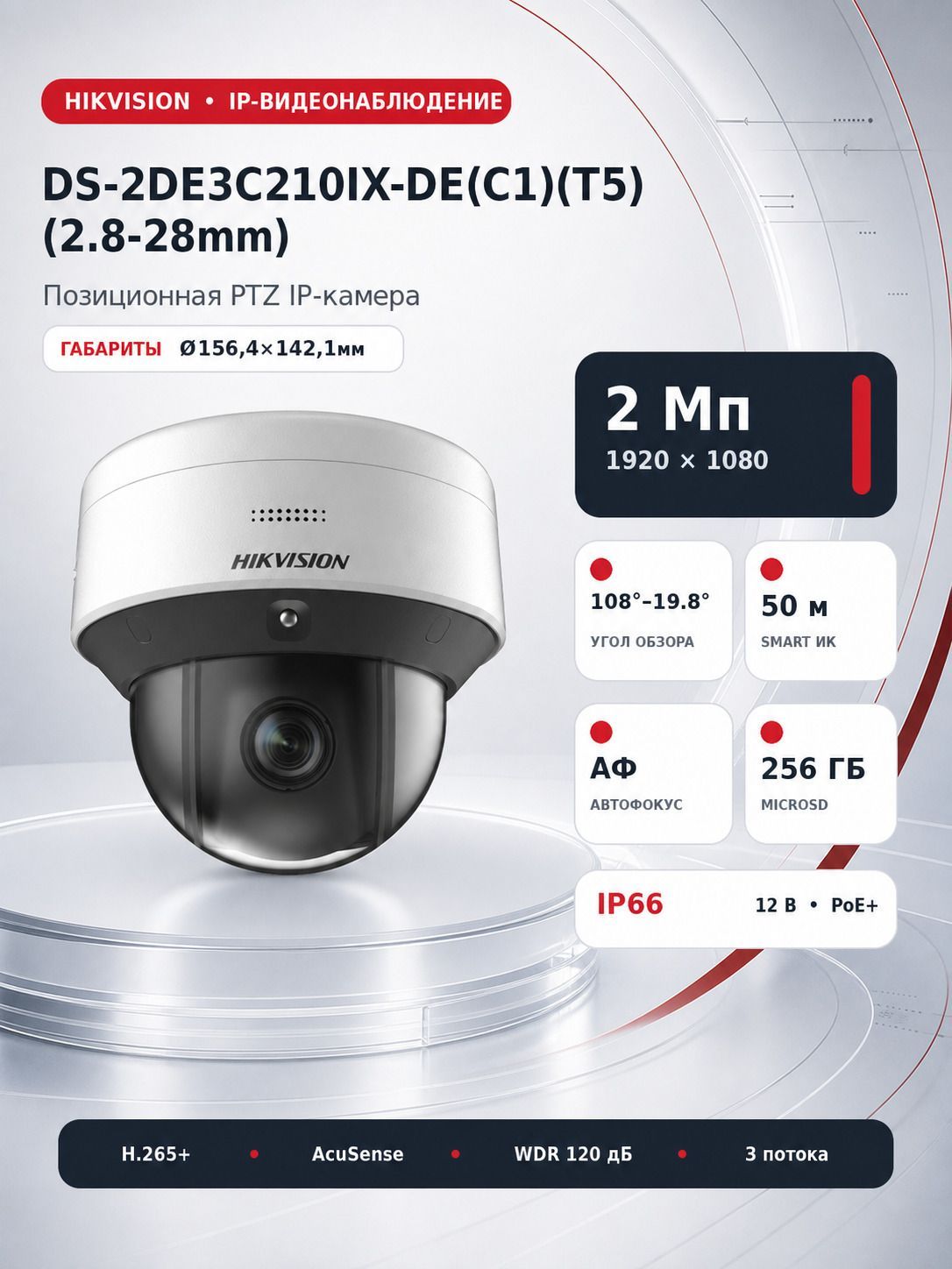 Hikvision DS-2DE3C210IX-DE(C1)(T5) - 2 Мп уличная поворотная PTZ IP-камера, объектив 2,8-28 мм, встроенный микрофон, классификация людей и транспорта, PoE