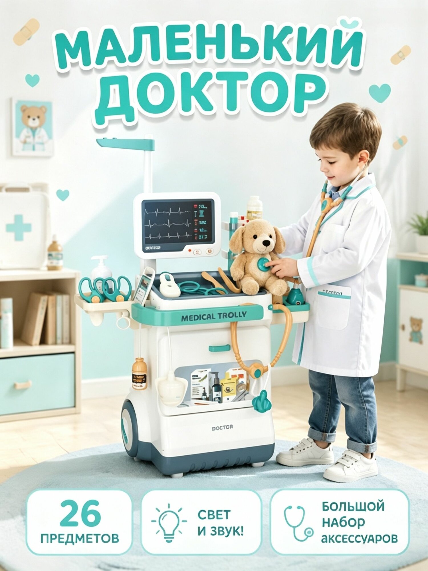 Большой игровой набор доктора со светом и звуком Медицинская тележка 26 предметов, игрушки мягкие