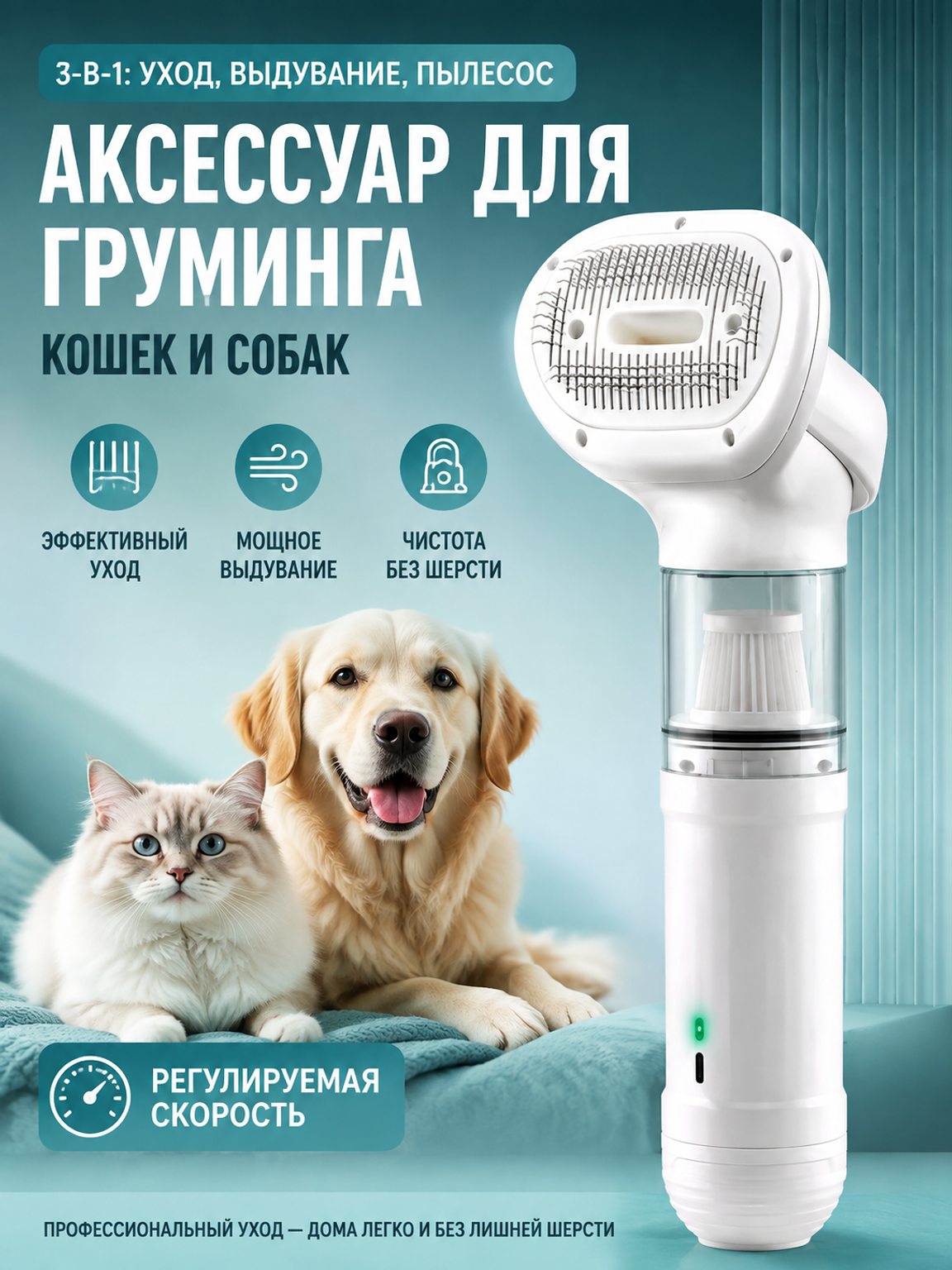 Аксессуар для груминга кошек и собак, 3-в-1: уход, выдувание, пылесос, регулируемая скорость