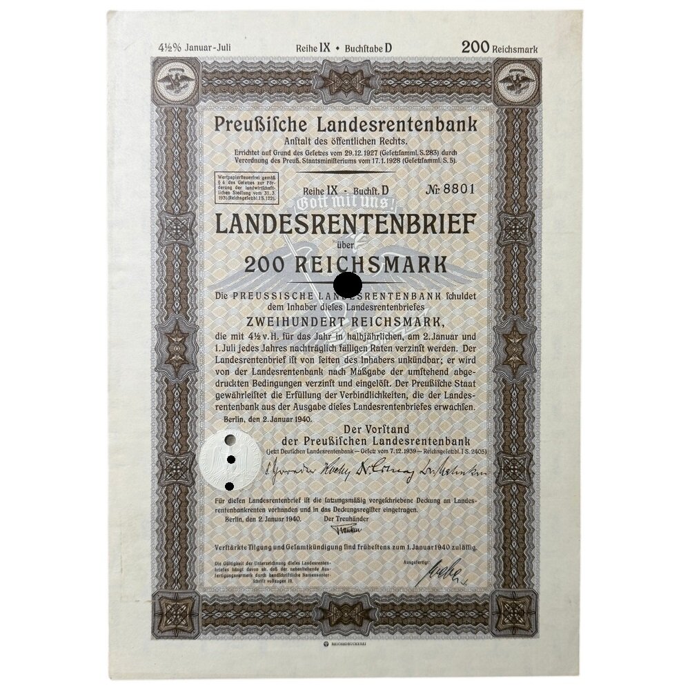 Третий Рейх, Preussische Landesrentenbank, рентный сертификат на 200 марок 1940 г. (Серия IX, D)