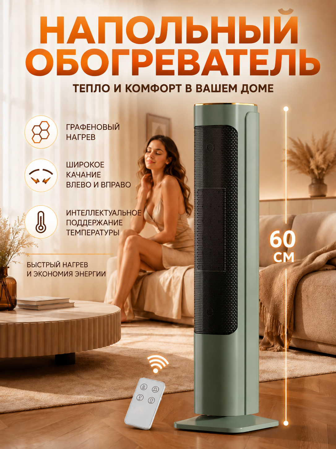 Обогреватель башенный PTC с пультом ДУ, поворот корпуса, таймер, защита от перегрева и опрокидывания для обогрева жилых помещений