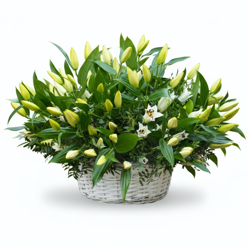 Букет Мегацвет24 "Замбези", 25 восточных лилий, белый, сборка в корзину