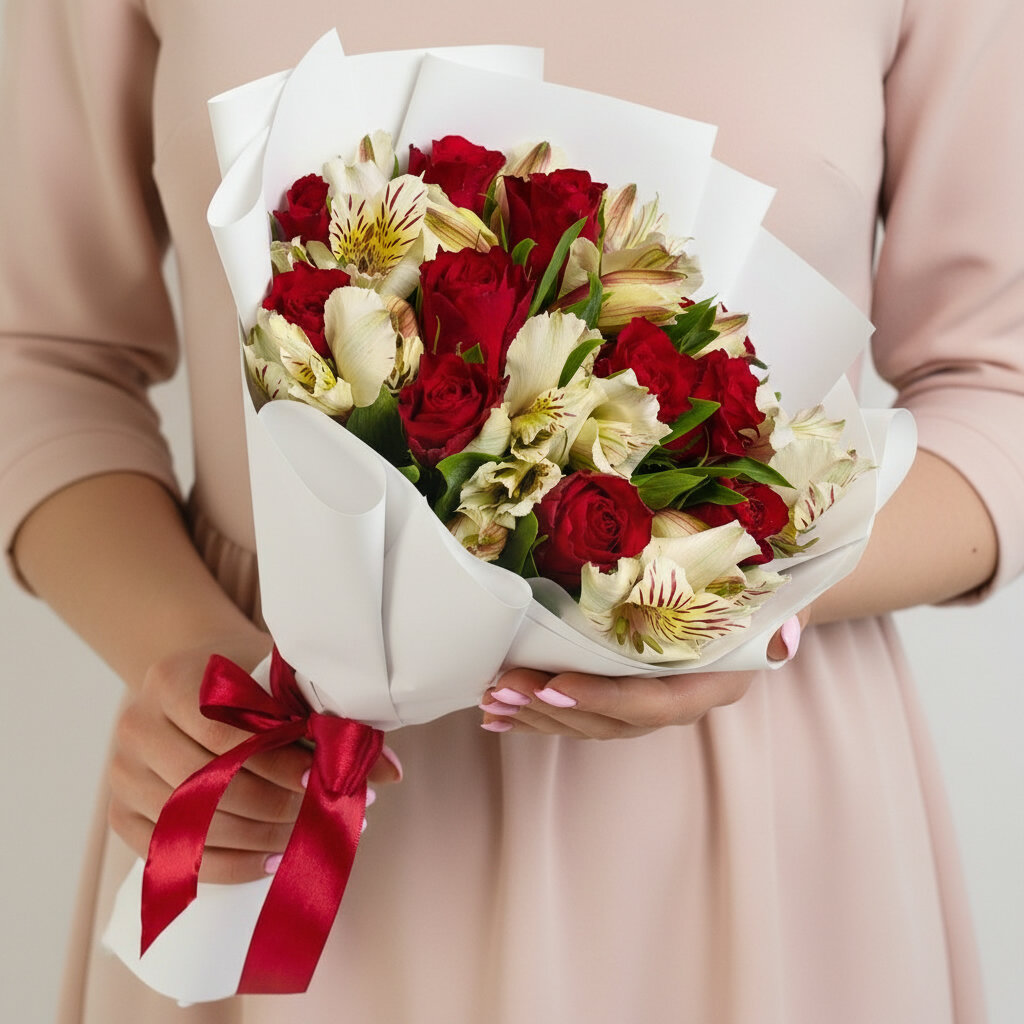 Дуо-букет Мегацвет24 "Альстромерии и розы", размер S, белый/красный, букет в дизайнерской упаковке