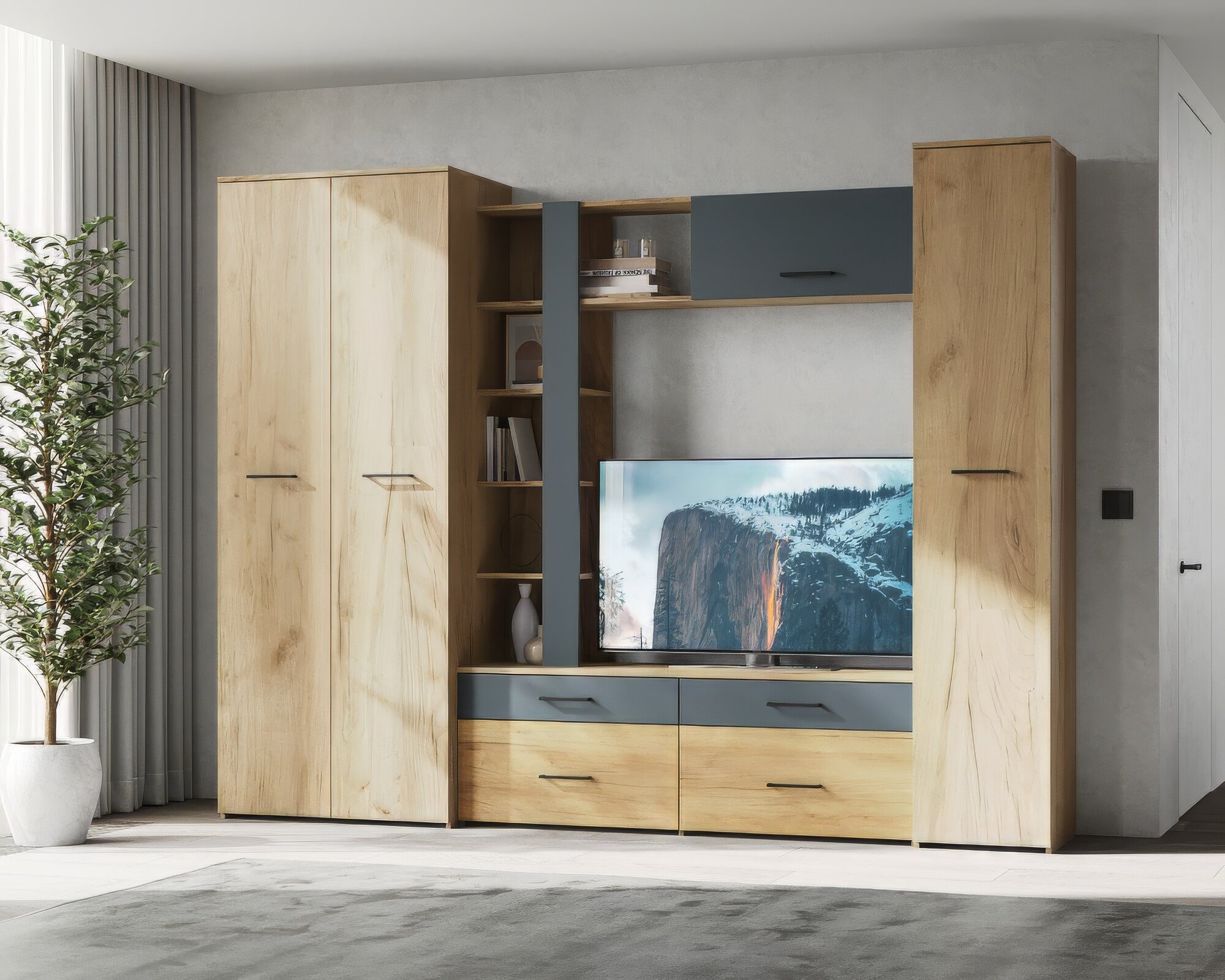 Стенка для гостиной NORD мебель "Амели", дуб крафт золотой/темно серый, 265x205x52 см