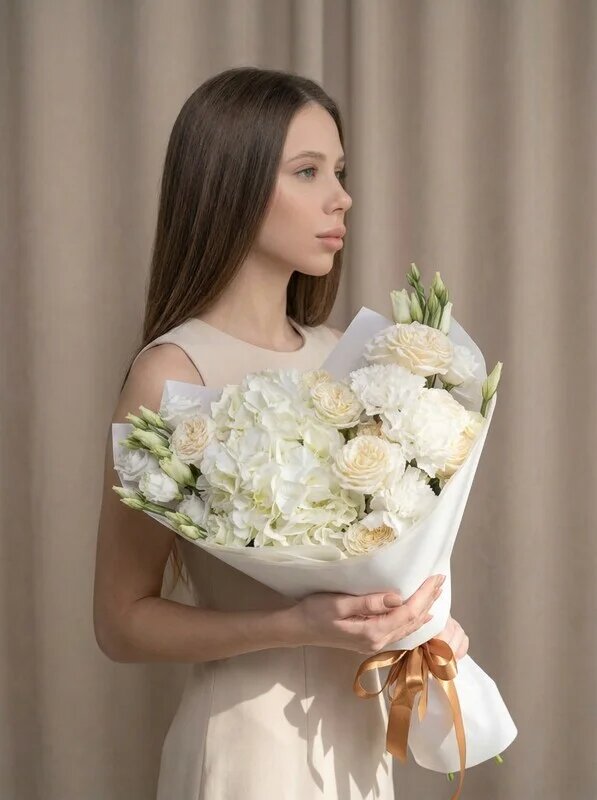 Букет «Жемчужина», гортензии, розы, эустомы, диантус, на стеблях, в упаковочной бумаге