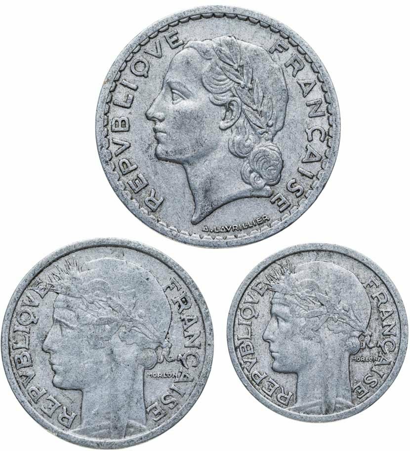 Франция 5 2 1 франк 1947-1948 набор из 3-х монет, Алюминий, в сохранности XF