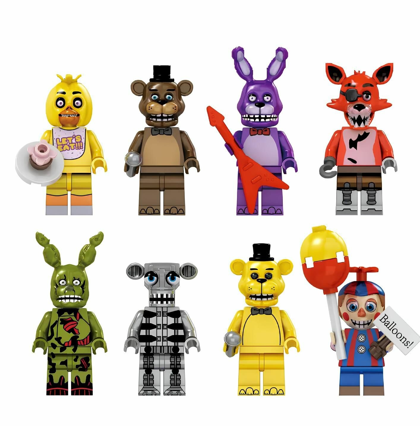 Набор минифигурок Аниматроники фнаф / Пять ночей у Фредди FNAF совместимы с конструкторами лего 8шт (4.5см, пакет)