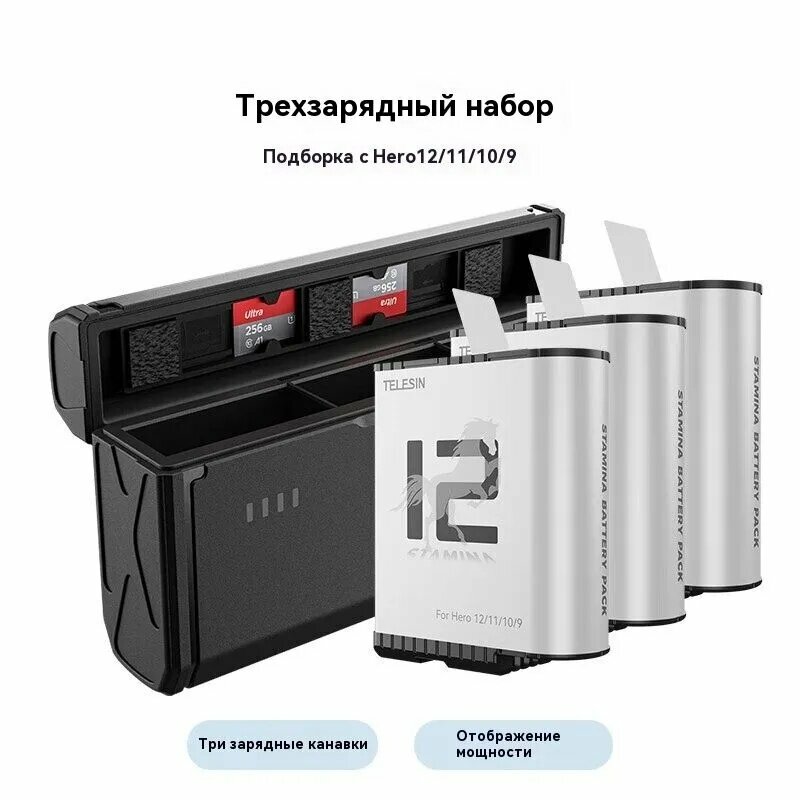 Зарядное устройство Telesin + 3 аккумулятора Stamina Enduro для экшн камер 12/11/10/9