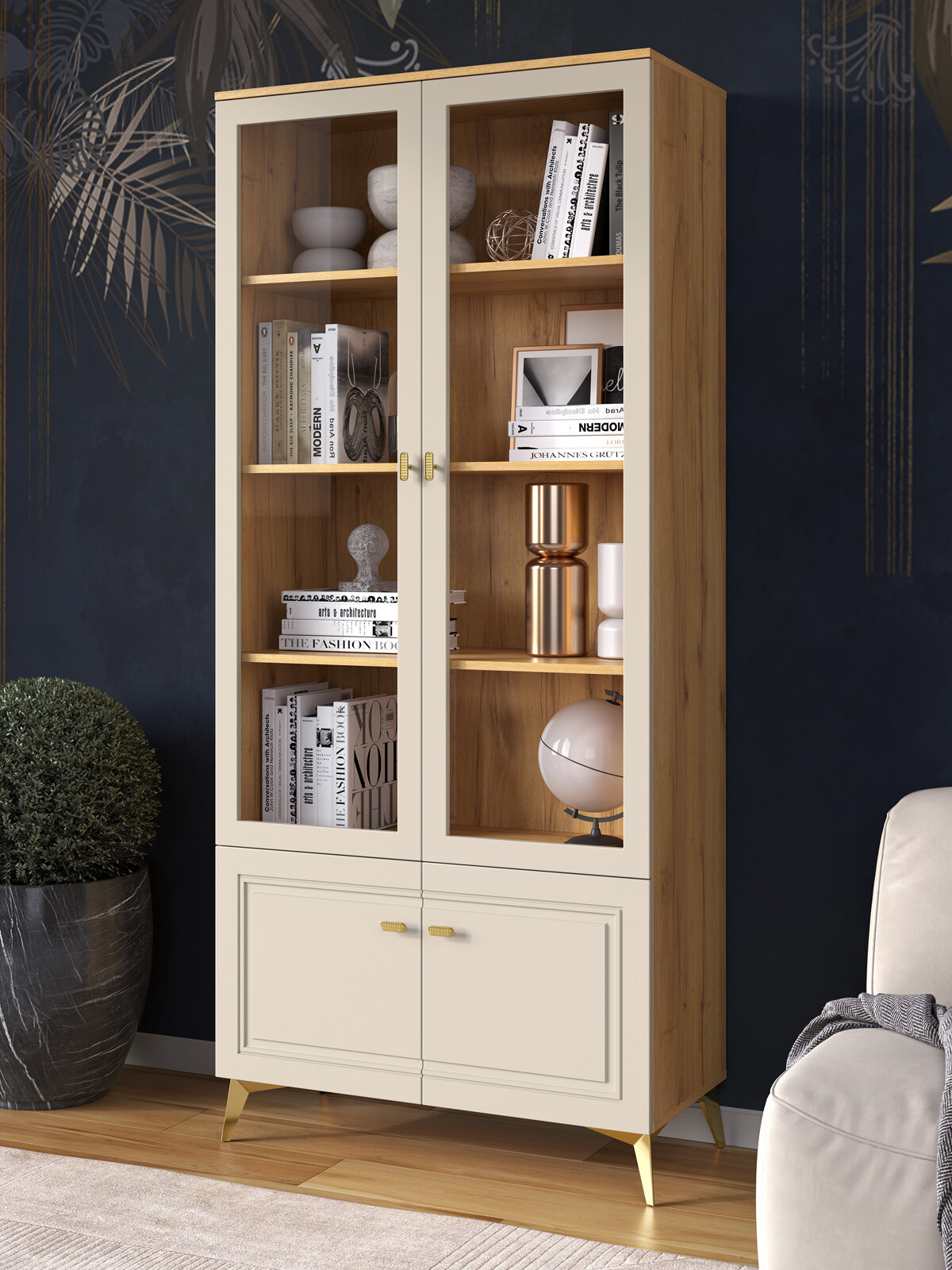 Шкаф распашной витрина 90,4х205х42,7 кремовый Вега Сапфир Кураж