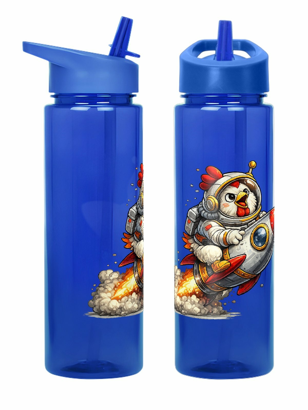 Бутылка синяя для воды с принтом Курица-астронавт на маленькой ракете