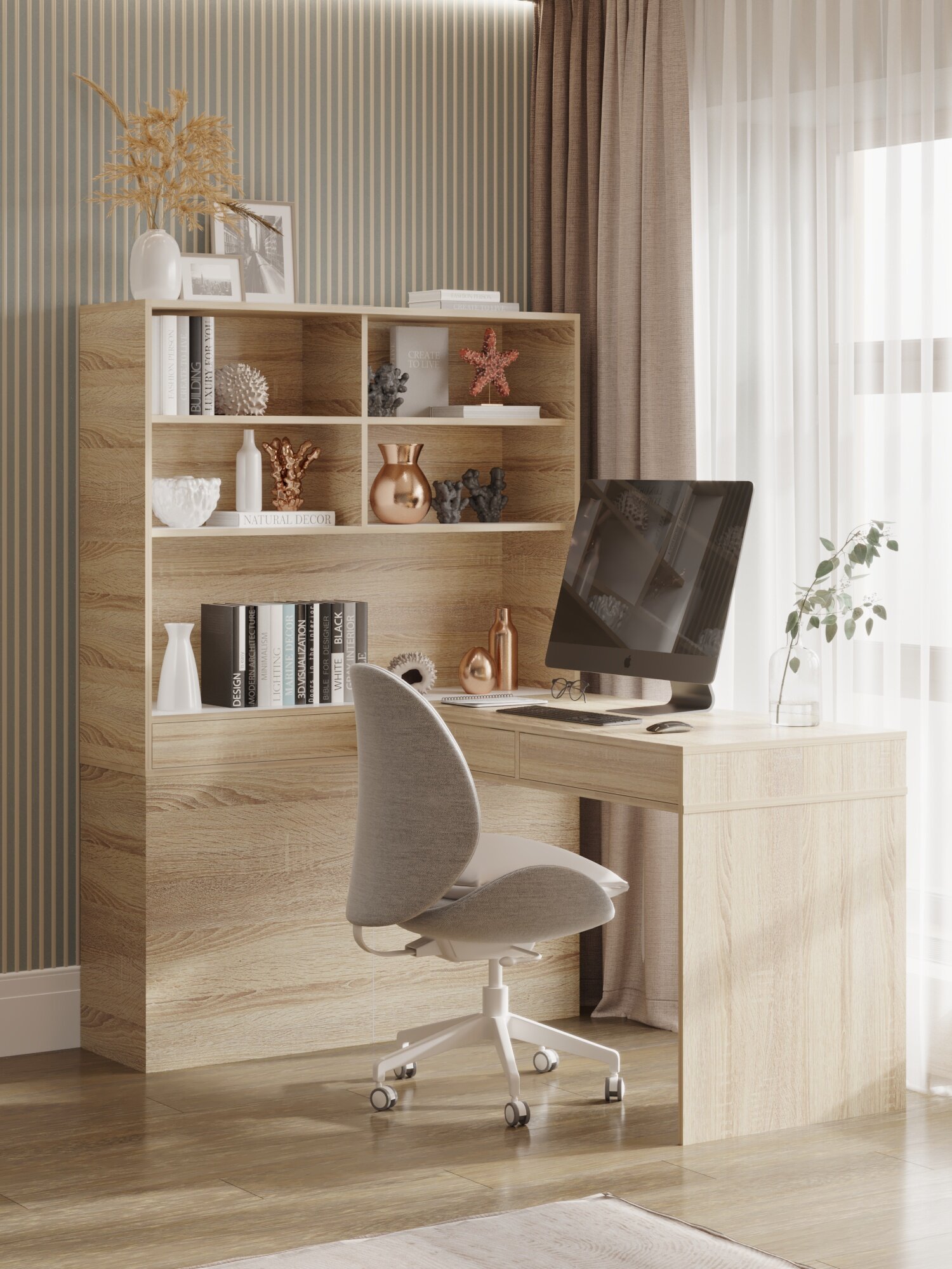 Стол компьютерный со стеллажом и ящиками Click, сонома, 120х155х167 см