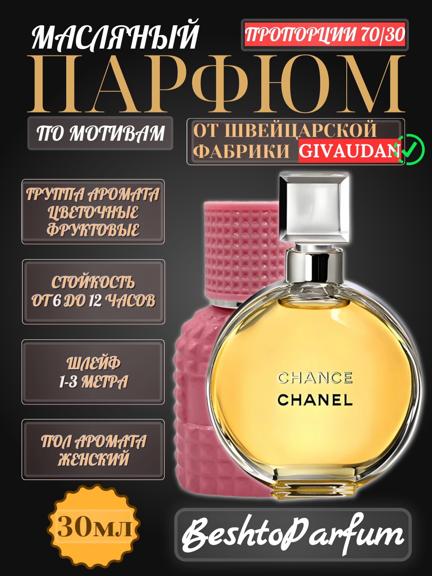 Масляные духи по мотивам Chanel Chance — стойкий цветочный женский аромат / 30мл