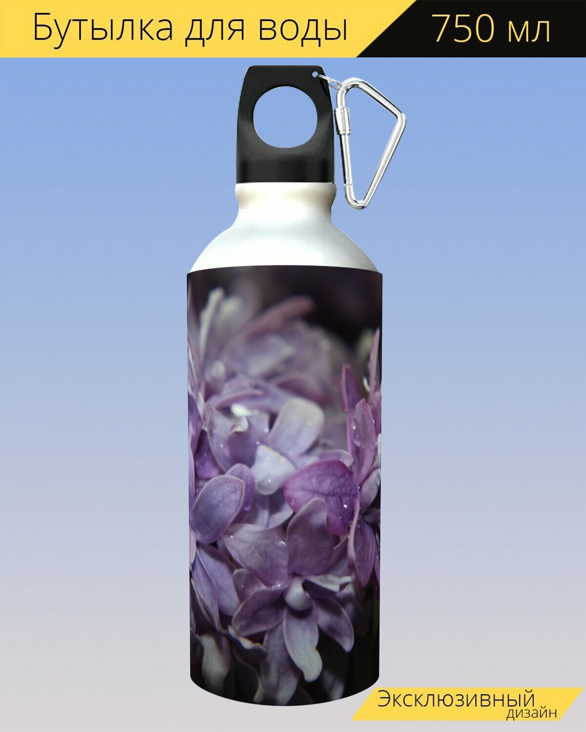 Бутылка фляга для воды "Лаванда ночью Прекрасные светлые фиолетовые цветы с немного росы фиолетовый лавандовый лаванда цветы бутоны сады цветущие." 750 мл. с карабином и принтом