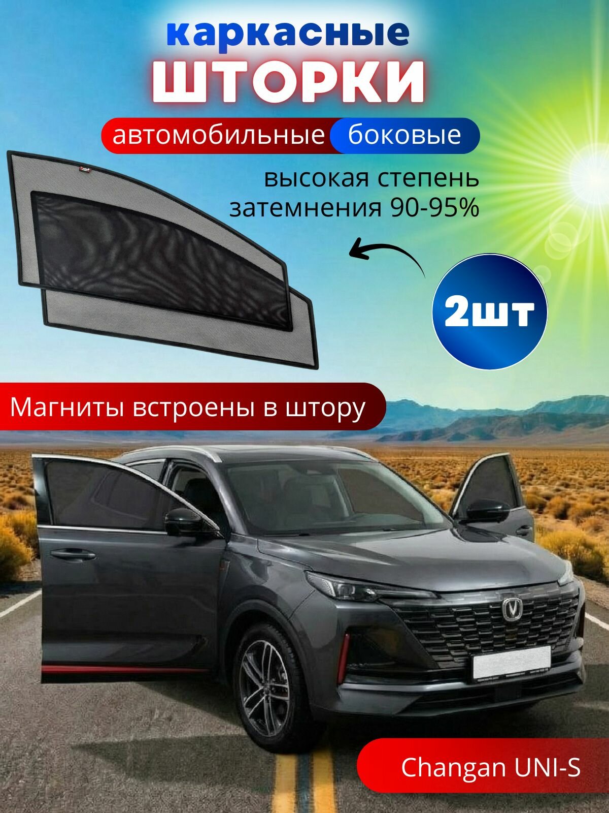 Шторки в машину от солнца на боковые стекла CHANGAN UNI-S (CS-55 plus), 2 шт, каркасные солнцезащитные шторки передних дверей, на встроенных магнитах, высокая степень затемнения 90-95%.