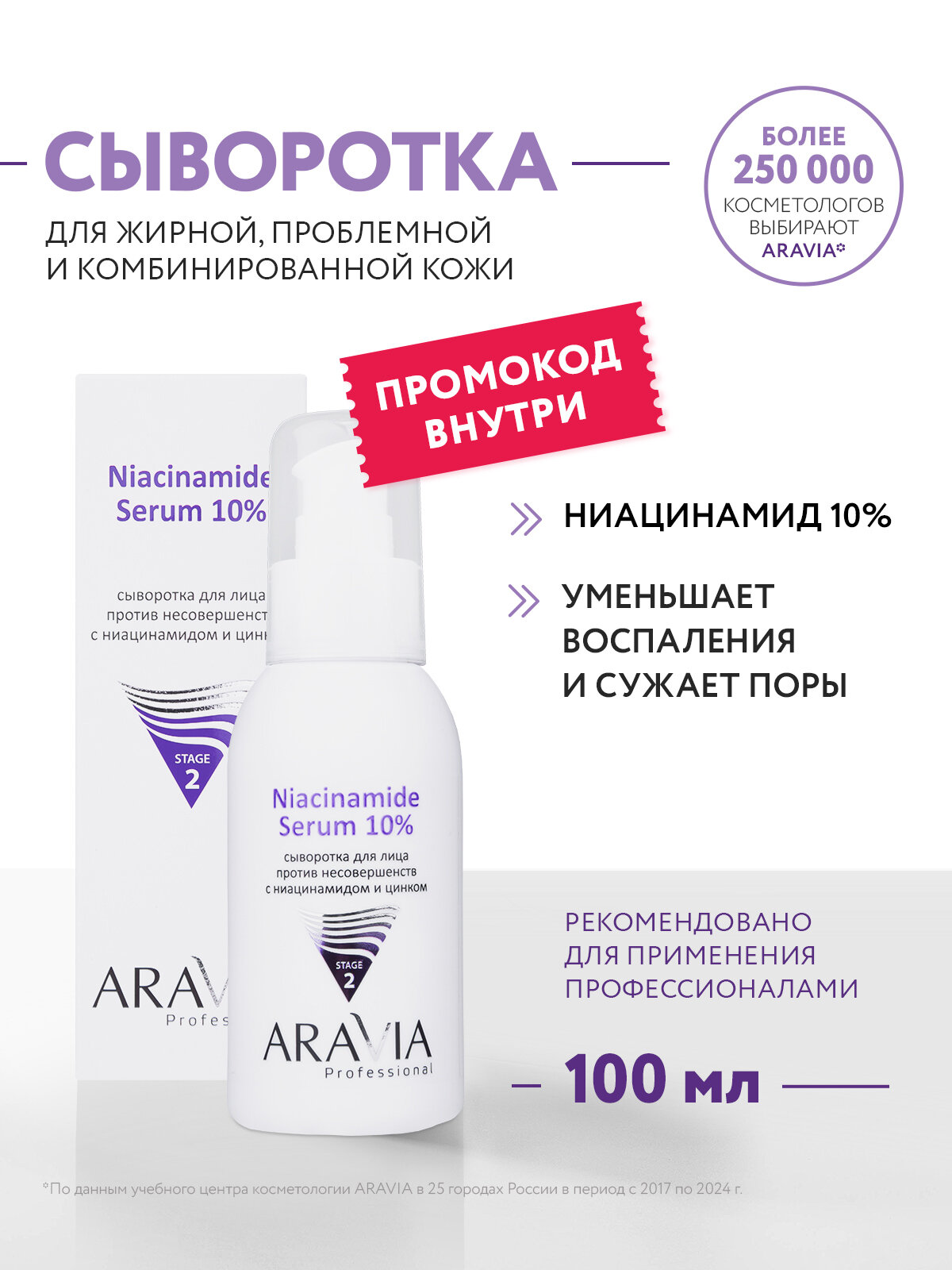 ARAVIA Сыворотка для лица против несовершенств с ниацинамидом и цинком Niacinamide Serum 10%, 100 мл