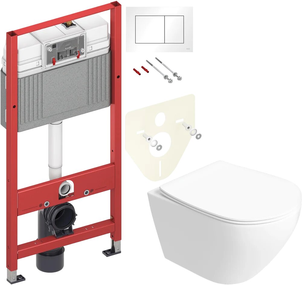 Комплект 5 в 1 Унитаз подвесной STWORKI Кронборг S28401WH, безободковый, с микролифтом, белый / Инсталляция с кнопкой TECE Now 9400414 цвет черный / Комплект шумоизоляции