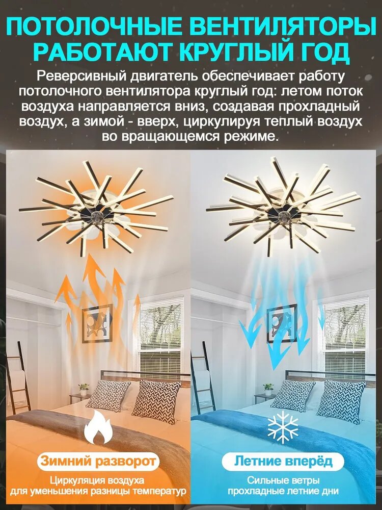 Люстра-вентилятор 2в1, 90 Вт, 30 м², 6 скоростей, 3 цвета, пульт ДУ, APP-управление, Черный — фото 1