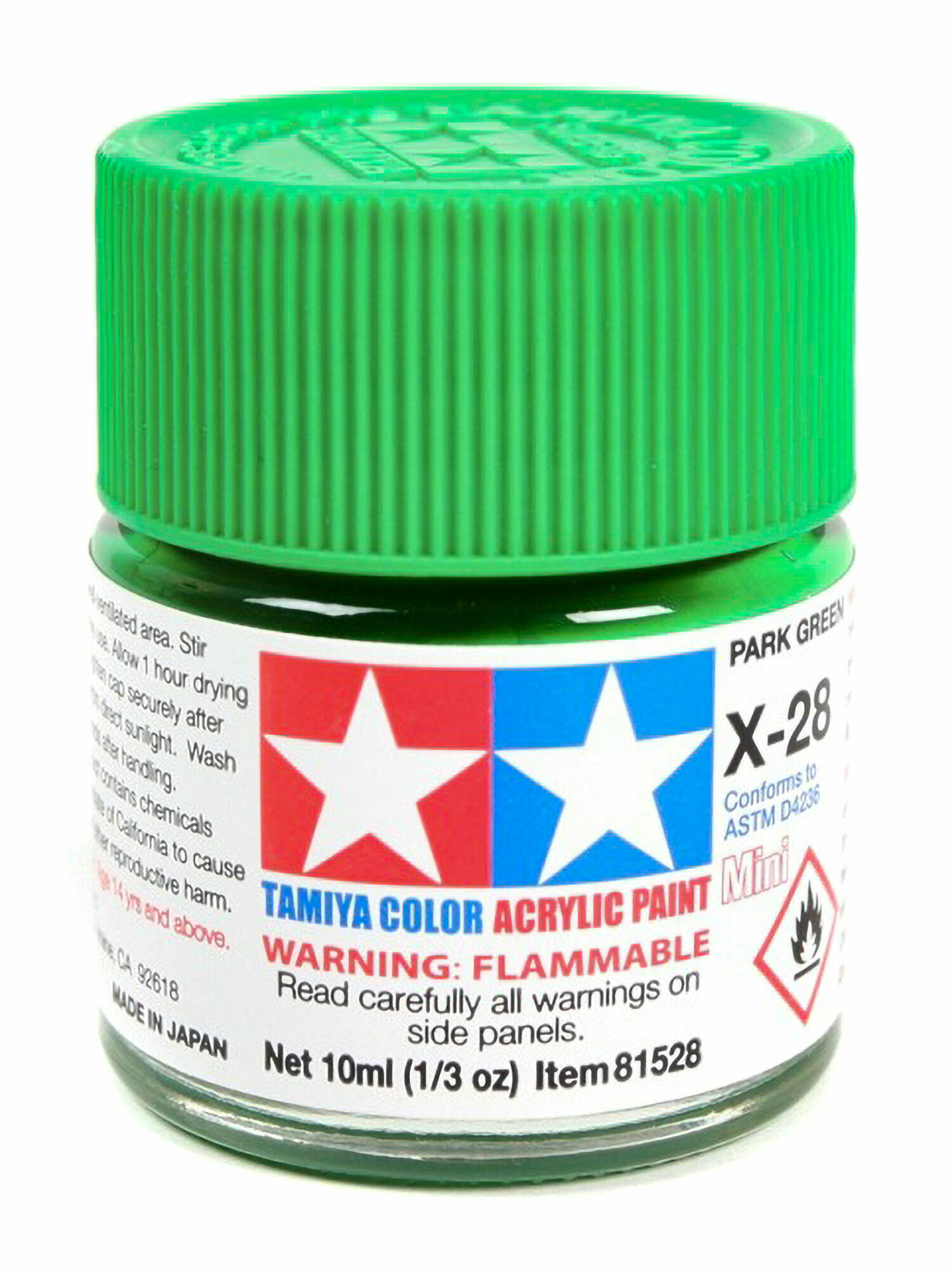 Краска акриловая Tamiya Color X-28 Park Green 81528 травяная зеленая глянцевая, 10 мл