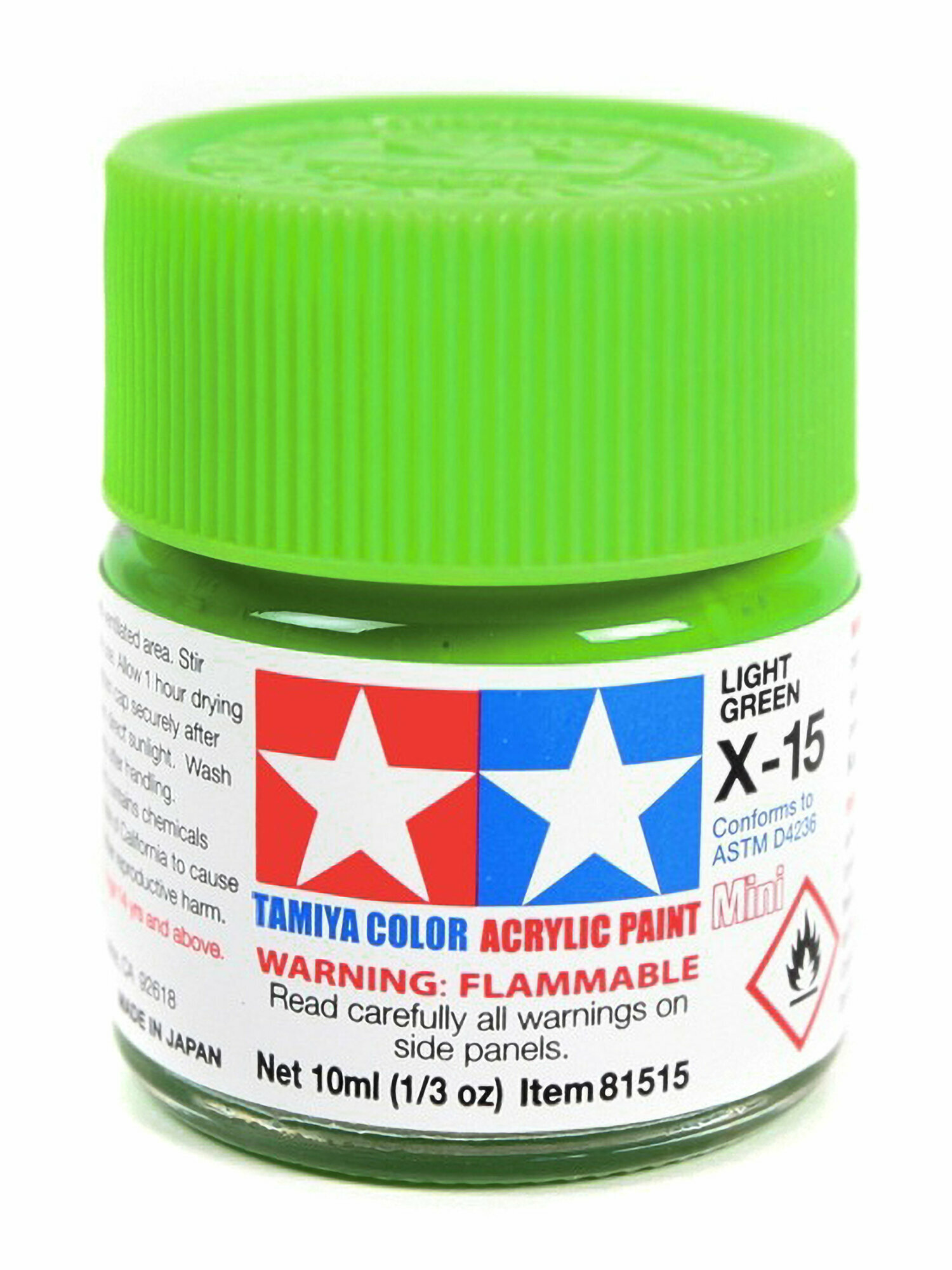 Краска акриловая Tamiya Color X-15 Light Green 81515 светло-зеленая глянцевая, 10 мл