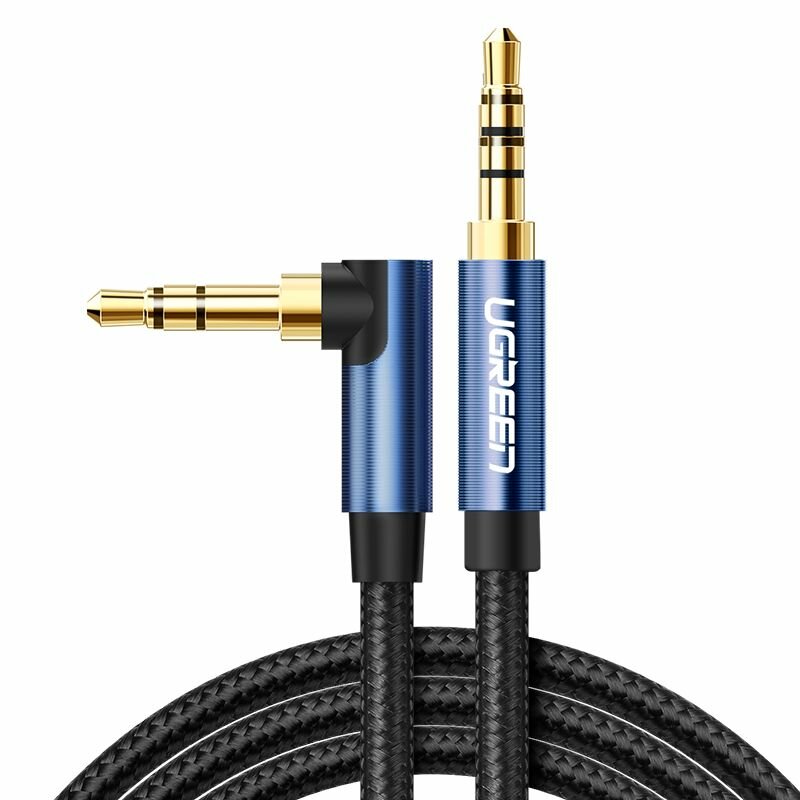 Кабель Ugreen угловой AV112 AUX 3.5mm (M) to AUX 3.5mm (M), в тканевой оплетке, 1,5 метра