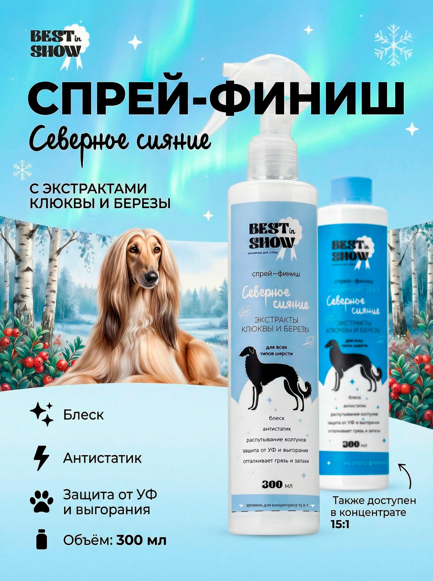 Спрей для блеска и гладкости шерсти собак и кошек, антистатик и защита от УФ, Best In Show "Северное сияние"