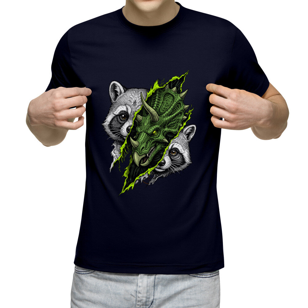 Мужская футболка «Трицератопс и енот» (темно-синий, 3XL)