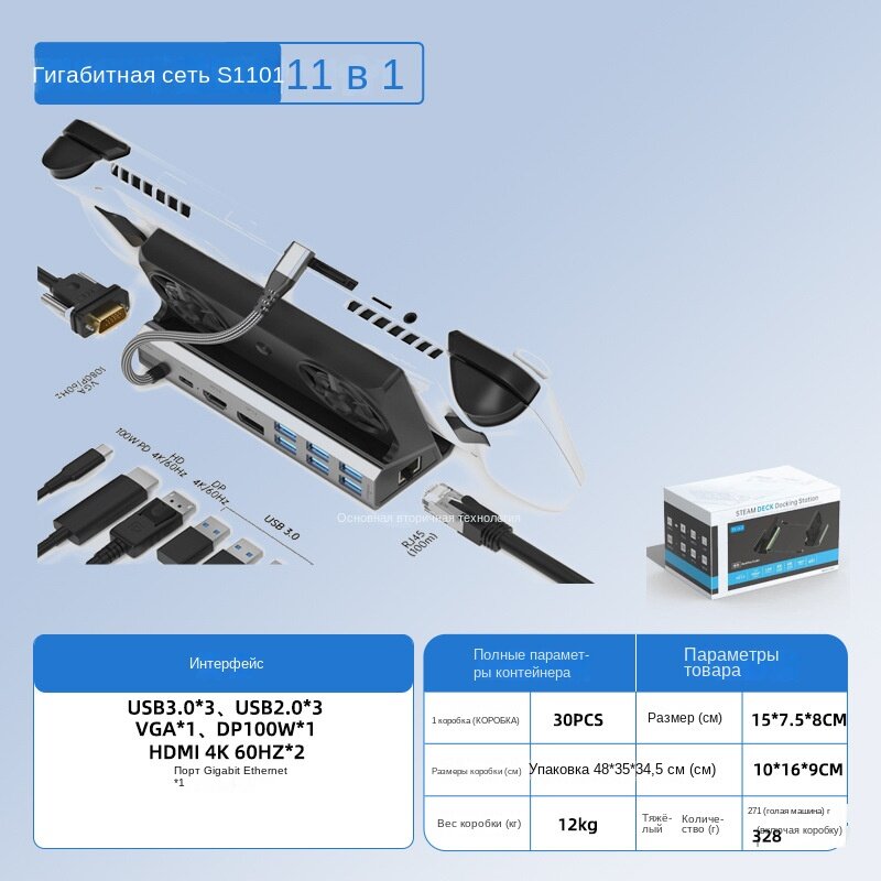 Док-станция для Steam Deck и Switch с вентилятором, Gigabit LAN, HDMI, DP, VGA, USB 3.0, PD 100W, хаб Type-C