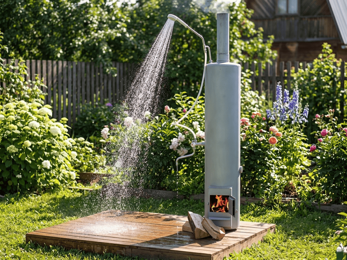 Водогрейная колонка на дровах Ермак КВЭ-II-90 Титан со смесителем и ТЭНом левая