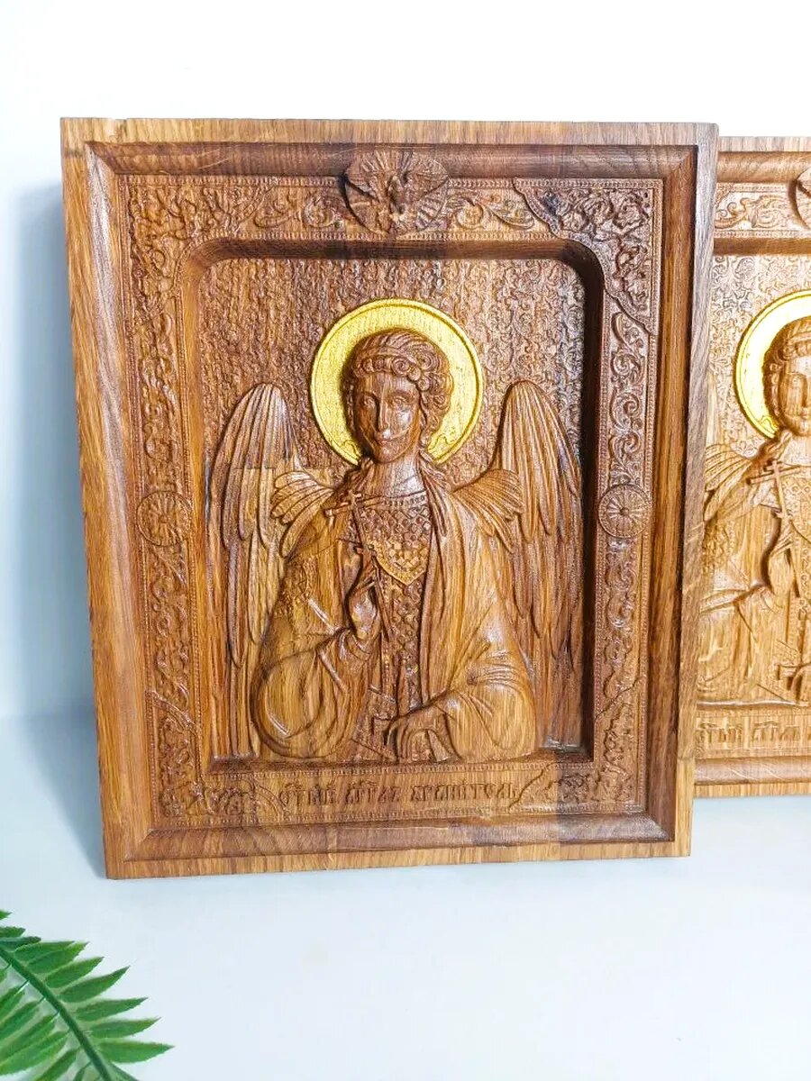 Освященная Икона Ангела Хранителя резная из дуба большая