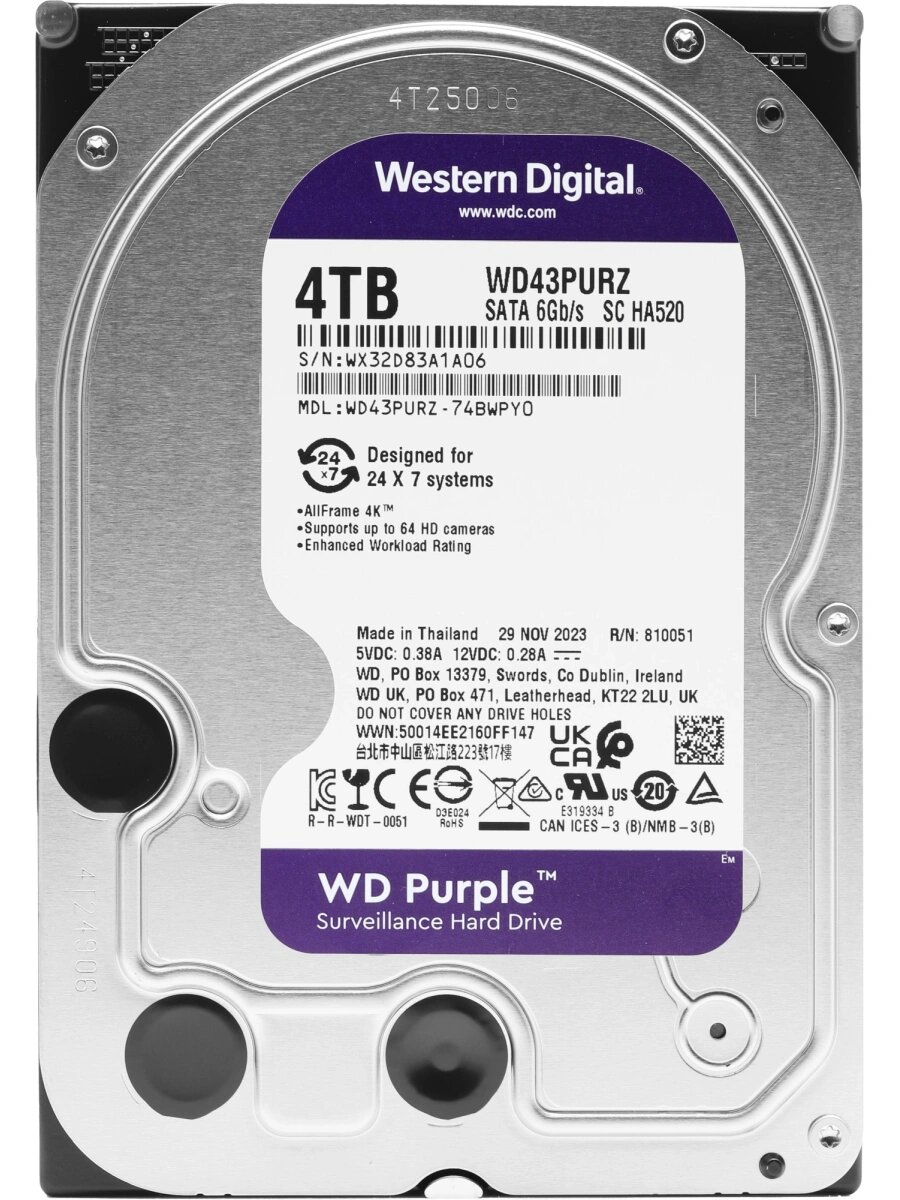 Жесткий диск WD Purple WD43PURZ 4TB, SATA III, 3.5"