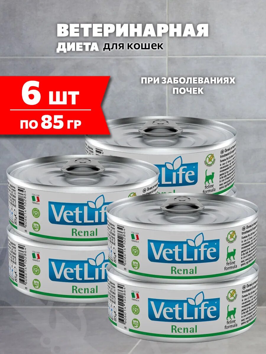 Корм влажный Farmina Vet Life Feline Renal для взрослых кошек при заболеваниях почек, 85 г 6 шт