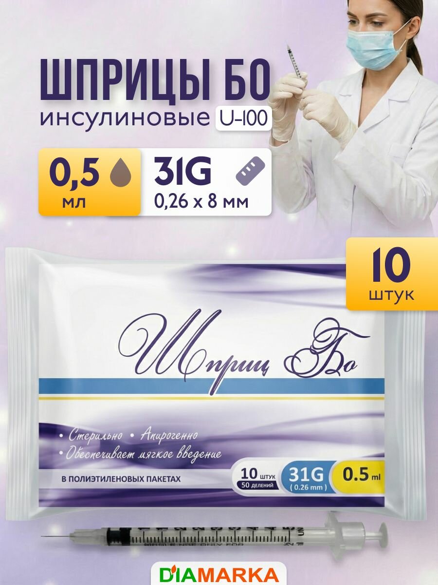 Шприц инсулиновый БО, 0,5 мл, U-100, 31G, 10 штук, медицинский, для ботокса