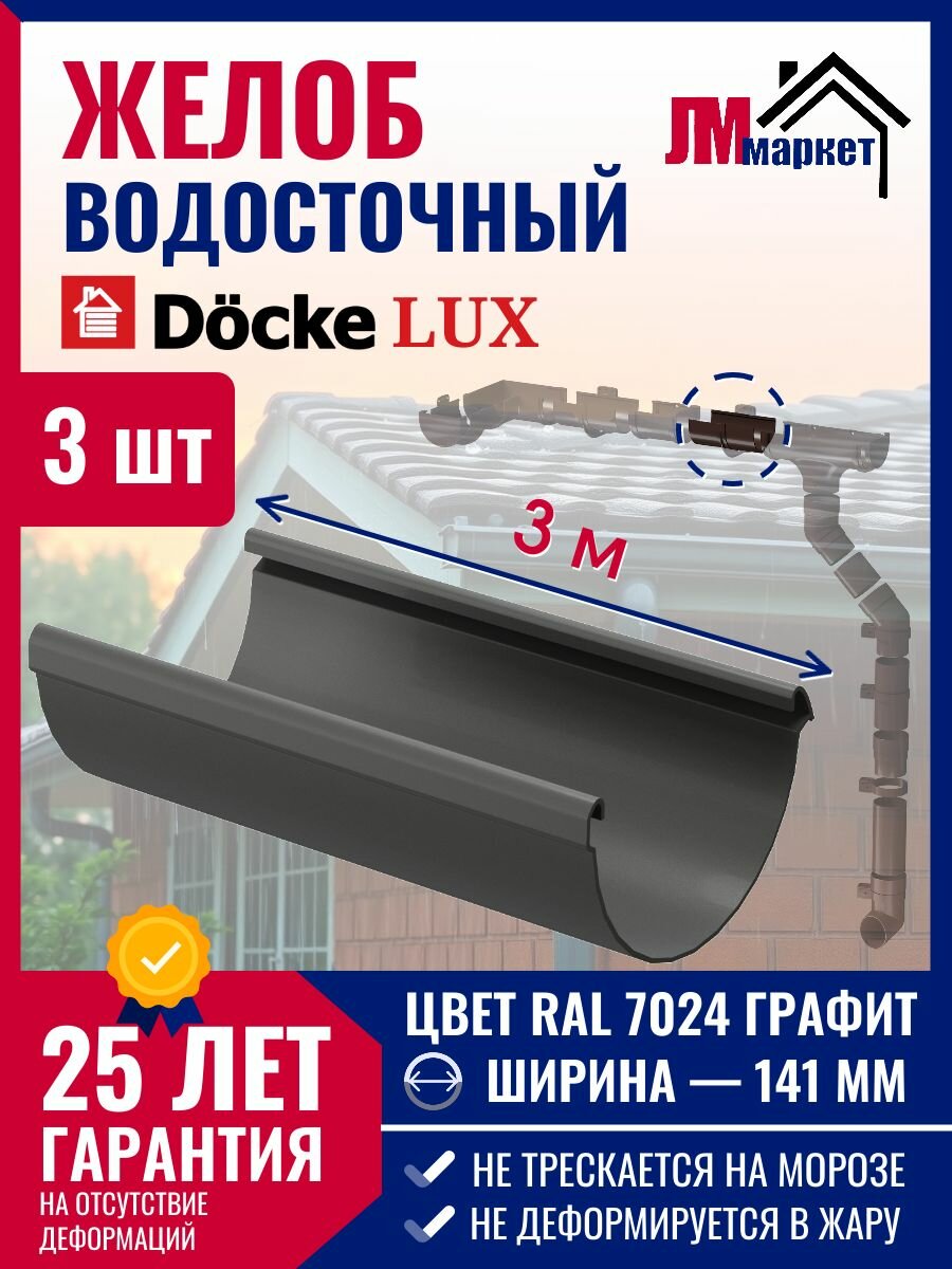 Водосточный желоб Docke, 3 м х 3 шт, серия Lux цвет графит, сток воды с крыши, элемент водосточной системы деке Премиум, серый