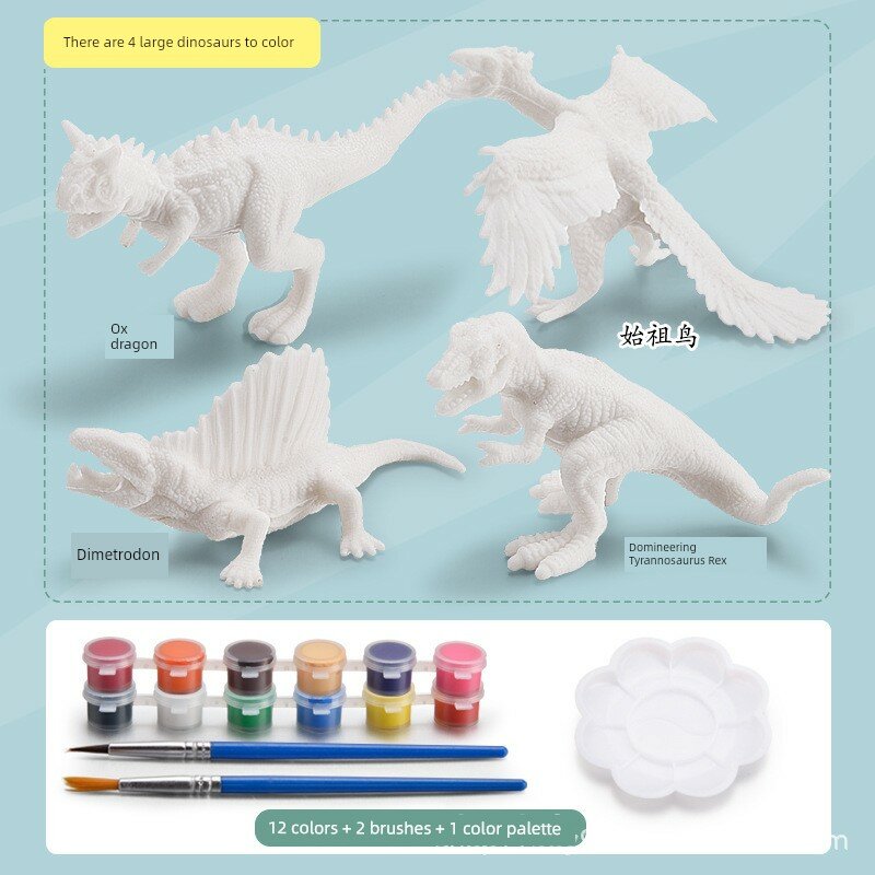 4 крупных динозавра, 2 кисти, 12 цветов, поднос для рисования в наборе DIY для детей