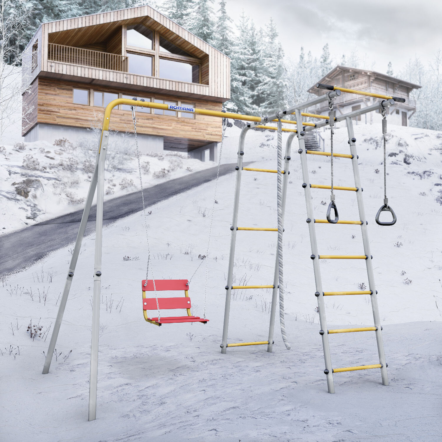 Спортивно-игровой комплекс ROMANA Лесная поляна-3 103.26.05-01 серый/желтый с качелями цепными 1. Д-26.02