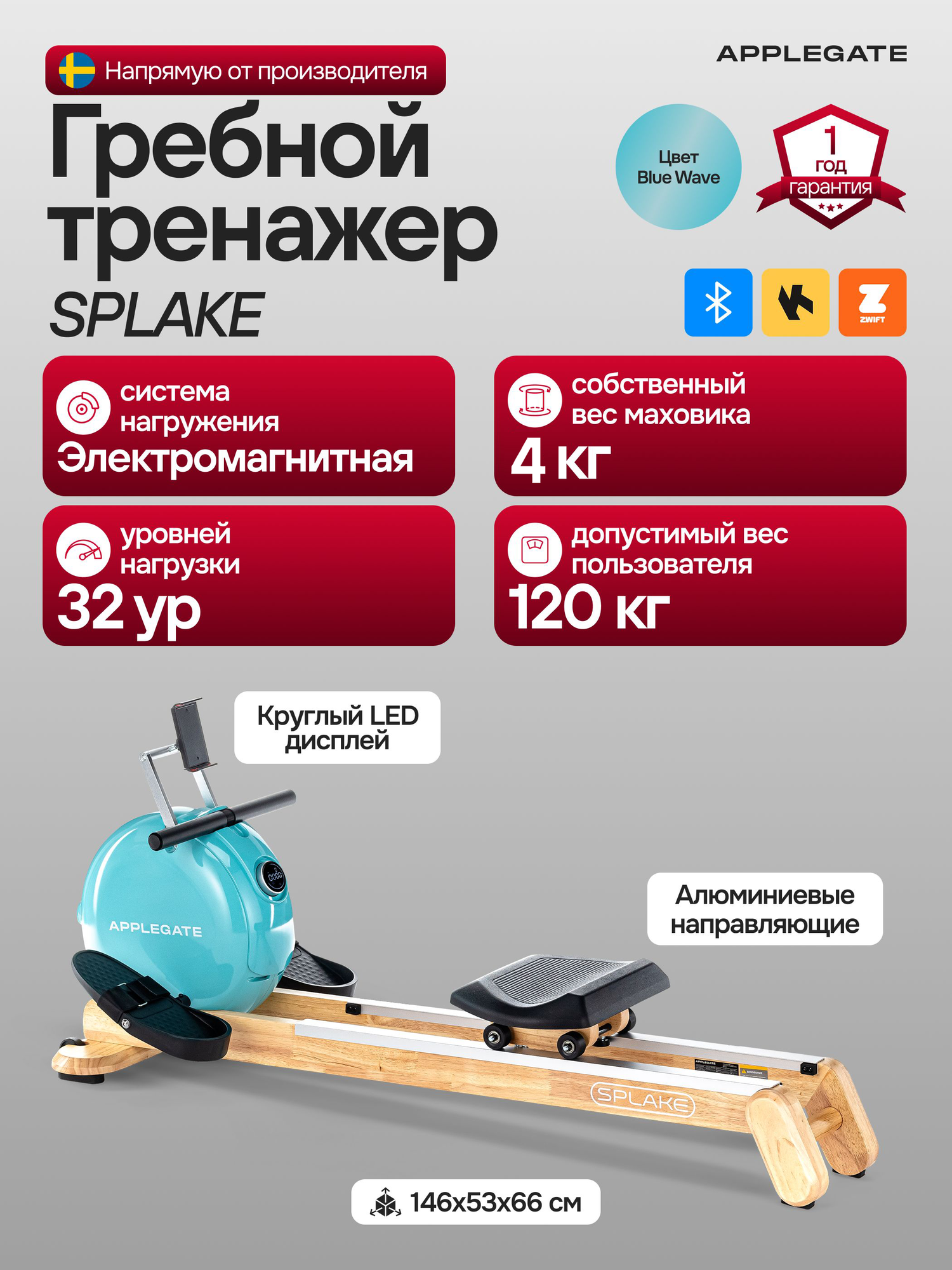 Гребной тренажер для дома APPLEGATE SPLAKE BLUE WAVE, тренажер для гребли