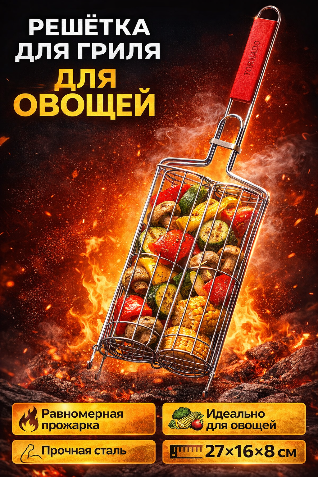 Решетка для гриля "Для овощей" 27*16*8 см (длина с ручкой 58 см)