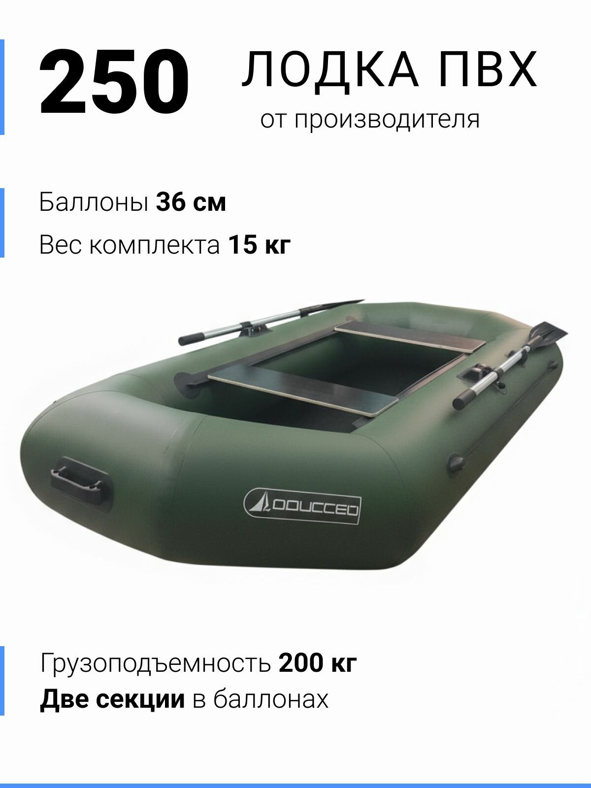 Лодка надувная из ПВХ двухместная для рыбалки на веслах 250