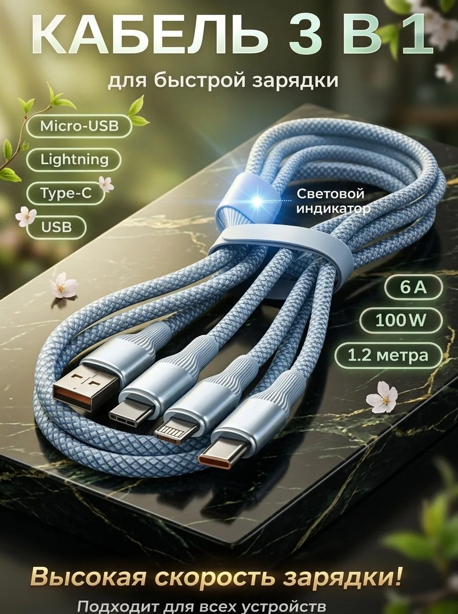 Универсальный кабель 3 в 1 для быстрой зарядки с синим диодом (тройной провод: Micro-USB, Type-C, Lightning)