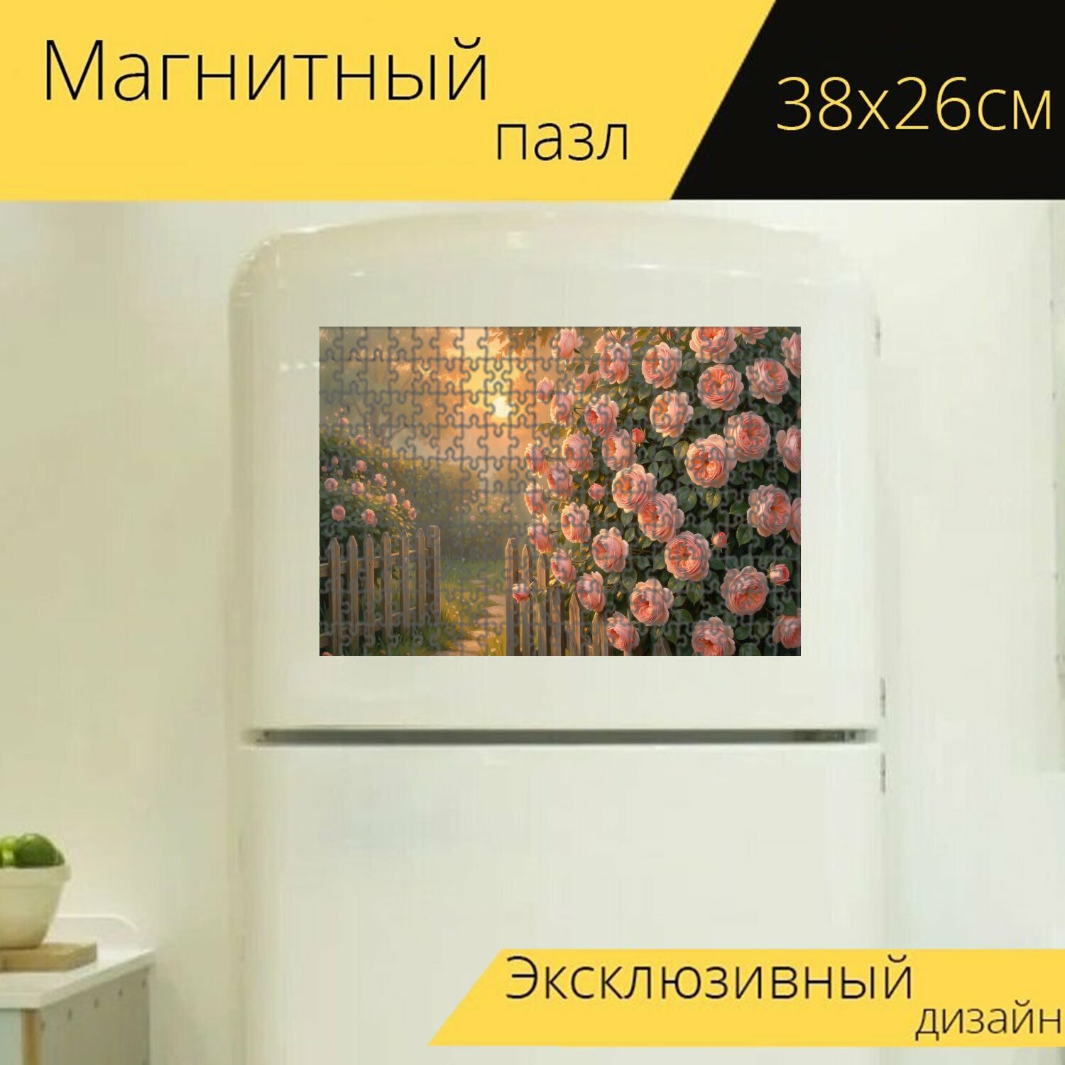 Магнитный пазл "Розы у садовой дорожки на закате. Нежный садовый пейзаж в пастельных розово-персиковых тонах: цветущий куст, деревянная изгородь, тропинка и." для интерьера, 38х26 см.